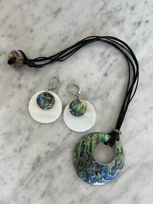 Polished Abalone She’ll Necklace And Earrings Black Cord 2inch Pendant ...