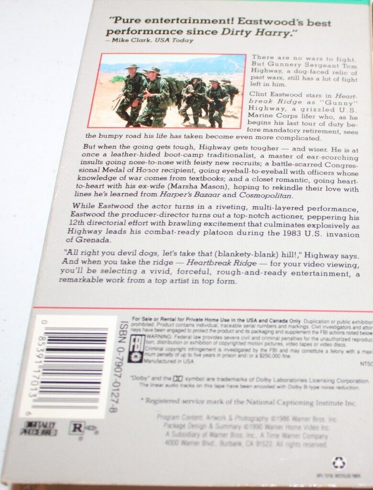 Heartbreak Ridge (VHS 1990) Clint Eastwood, Marsha Mason, Gunnery ...