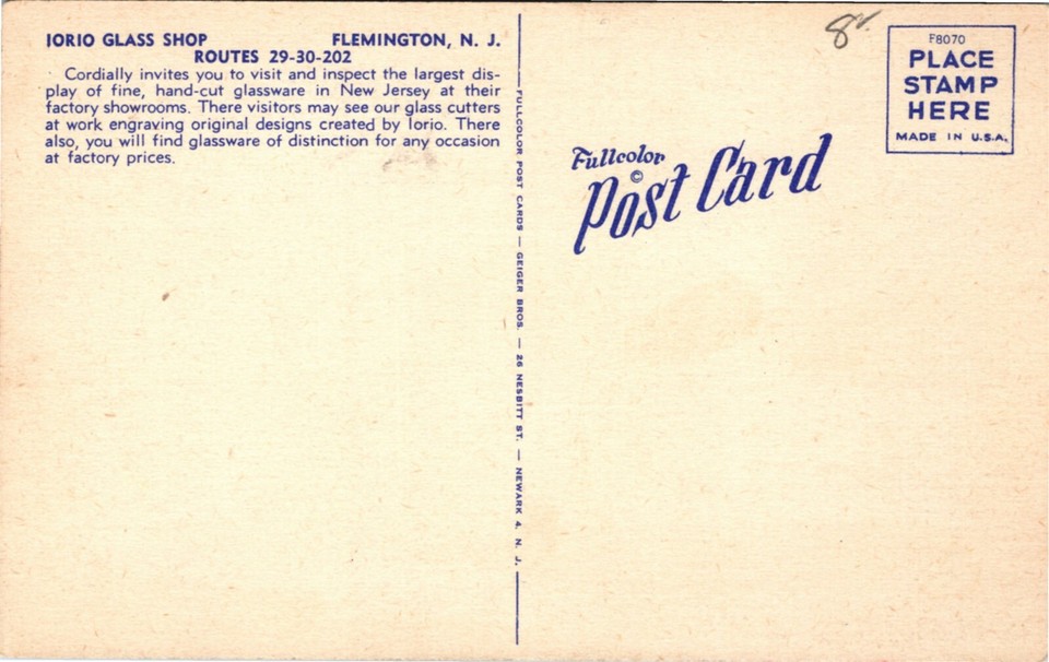 Postcard NJ Flemington Iorio Cut Glass Factory & Shop Routes 29 30 202 ...