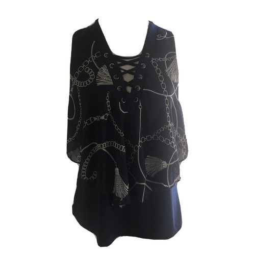 PER CEPTION CONCEPTS Navy blue chiffon nautical BLOUSE FLOWY SLEEVELESS ...