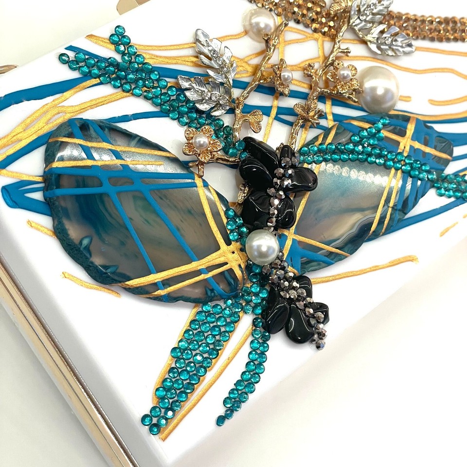 White Clutch Acrylic Blue Agate Stones CRYSTALS by Patricia Adelson | eBay