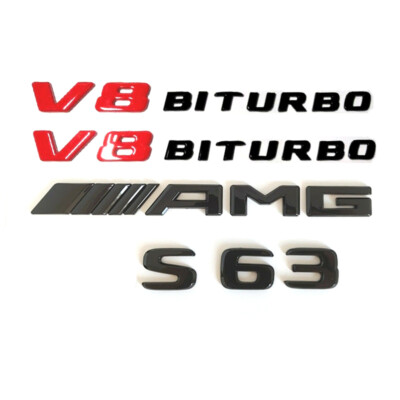 Gloss Black Red Letters S63 AMG V8 BITURBO Badges Emblems for Mercedes ...