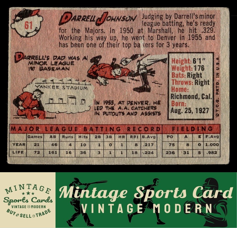 1958 Topps - Darrell Johnson - #61 "White Letters" New York Yankees | eBay