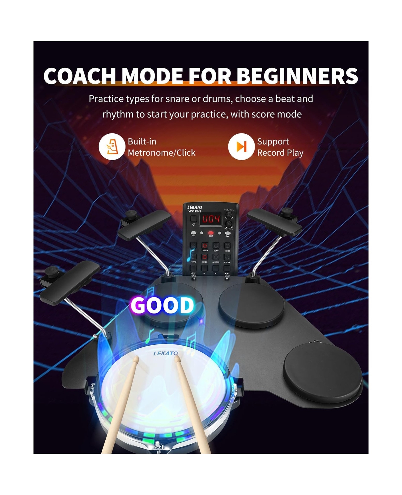 LEKATO Electronic Drum Set, Portable Electric Drum Set for Beginner ...