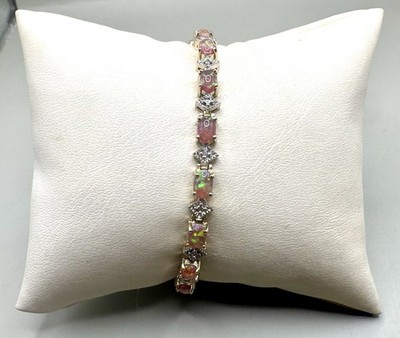 FAS Sterling Silver Vermeil Pink Green Opal And Diamond Tennis Bracelet ...
