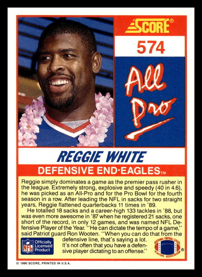 1990 Score #574 Reggie White Philadelphia Eagles AP Football Card NM | eBay