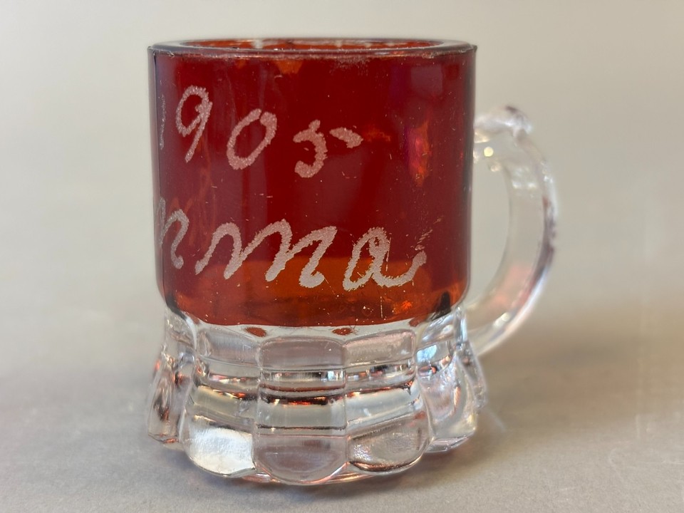 #1265 Antique EMMA 1905 Ruby Red Flash Souvenir Glass CUT GLASS COFFEE ...