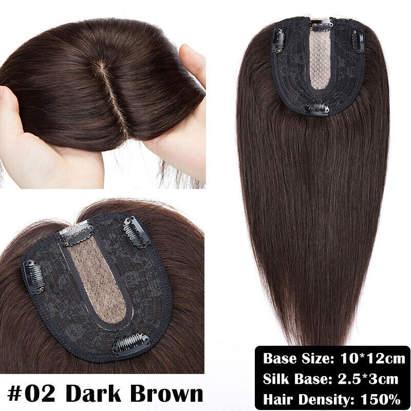 Natural Topper Hairpiece Clip In REMY 100% Human Hair Silk Base Toupee ...