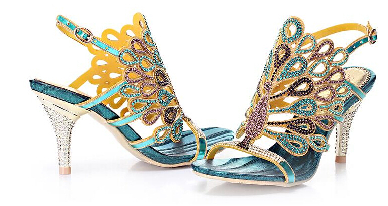 Womens Dress Sandals Peacock Rhinestone High Heel Stiletto Evening Peep ...
