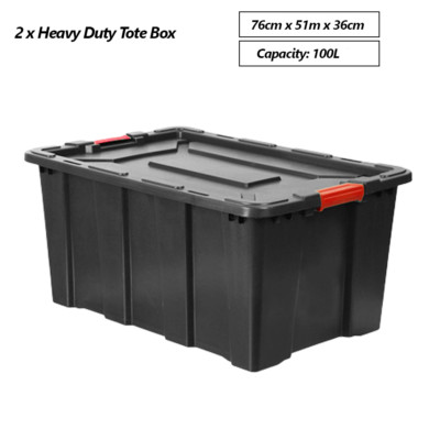 2 x 100L Large Heavy Duty Plastic Storage Box Crate Tote Organiser Bin ...