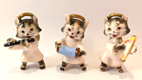 3 Vintage Cat/Kitty/Kitten Angels Playing Flute/Harp/Concertina ...