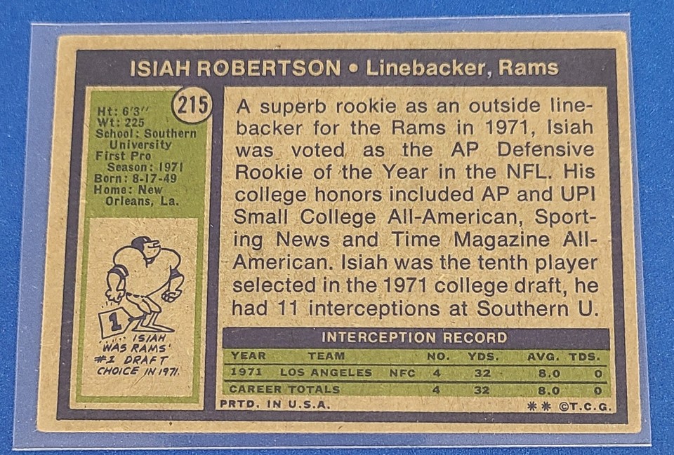 1972 Topps RC #215 Isiah Robertson Los Angeles Rams Football Card Z4 | eBay