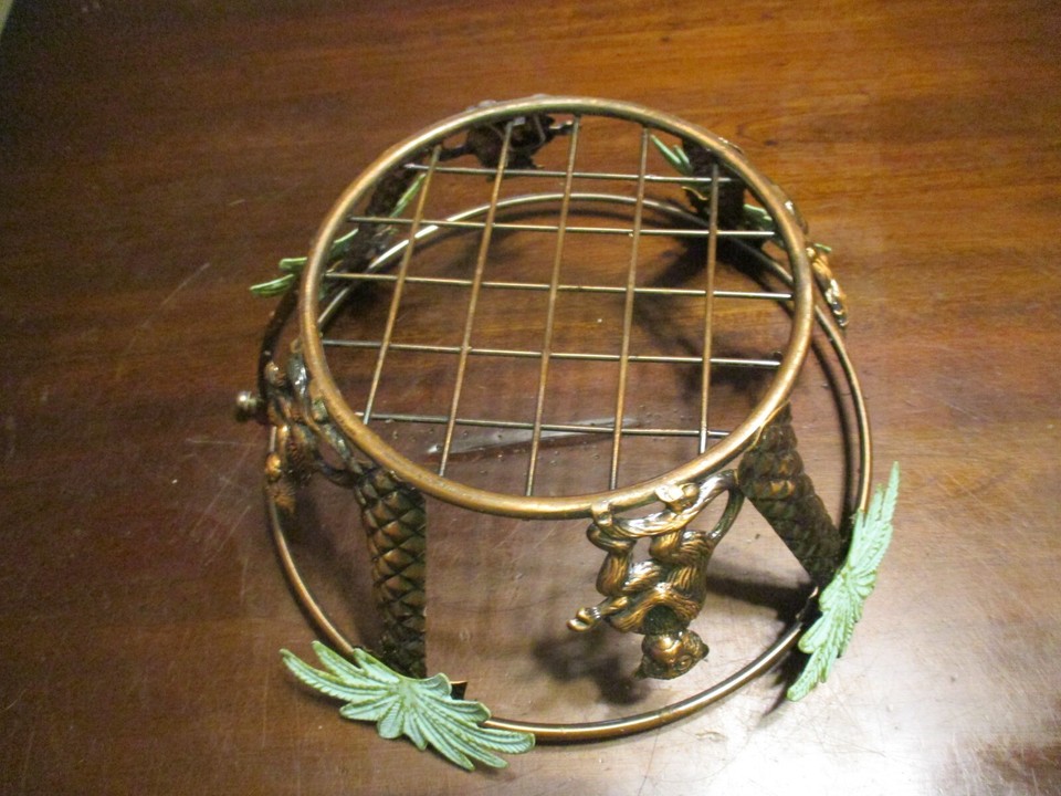 Bronze tone & Green top Palm Trees & monkeys Fruit Basket Bowl 9.5x4 ...