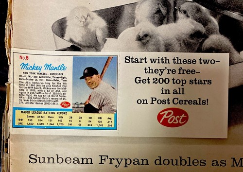 Life magazine 1962 Mickey Mantle Roger Maris post cereal intact card ...