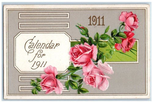 1911 Calendar Pink Roses Flowers Embossed Posted Antique Postcard | eBay