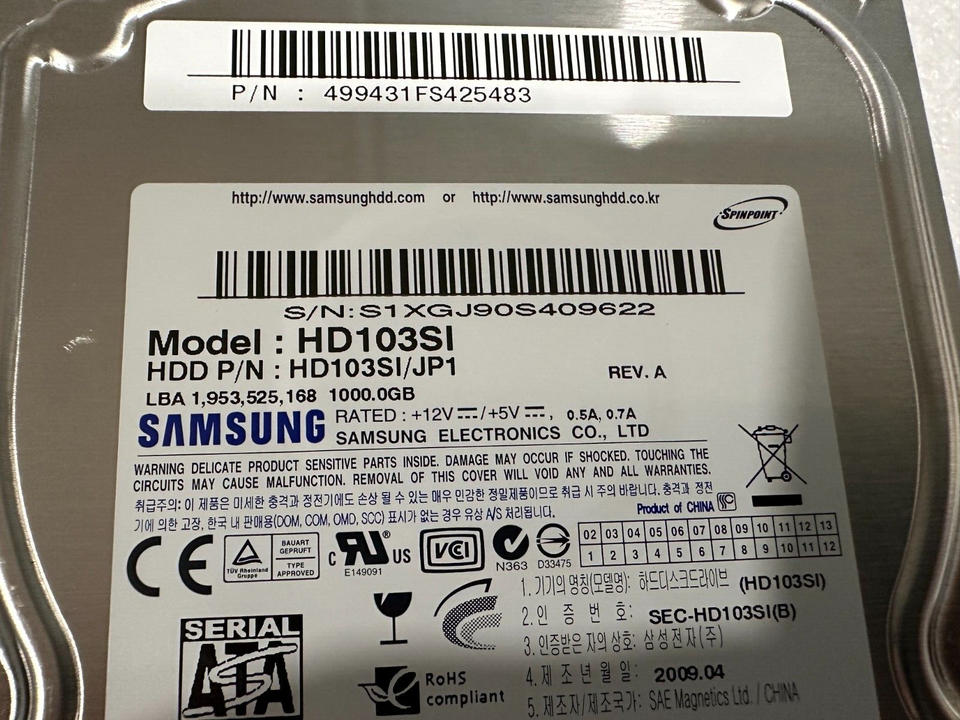 Samsung HD103SI 1TB 3.5" HDD PN: HD103SI/JP1 / P/N: 499431FS425483 SATA ...