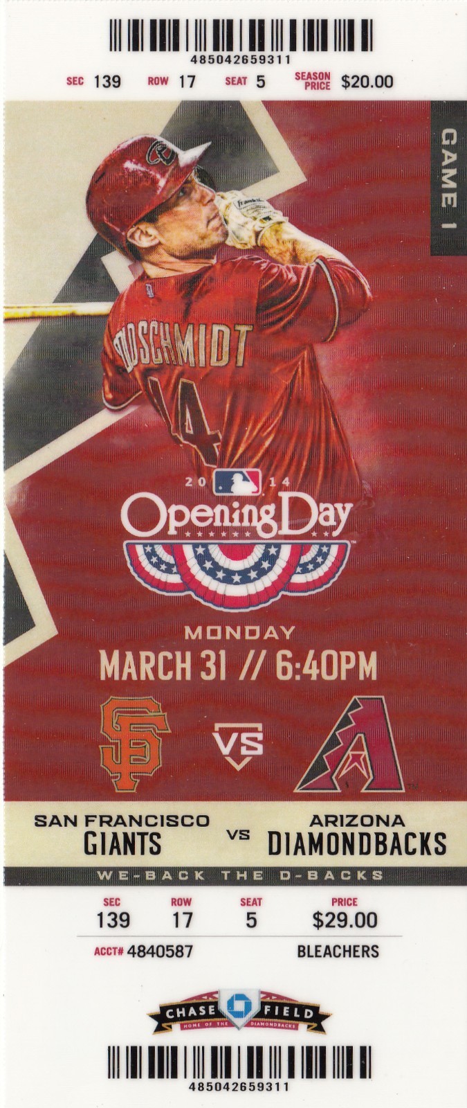 2014 ARIZONA DIAMONDBACKS PICK YOUR GAME GOLDSCHMIDT TICKET STUB MANY ...