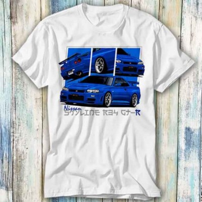 Nissan Skyline GTR R34 Blue Collage Magazine T Shirt Meme Gift Top Tee ...