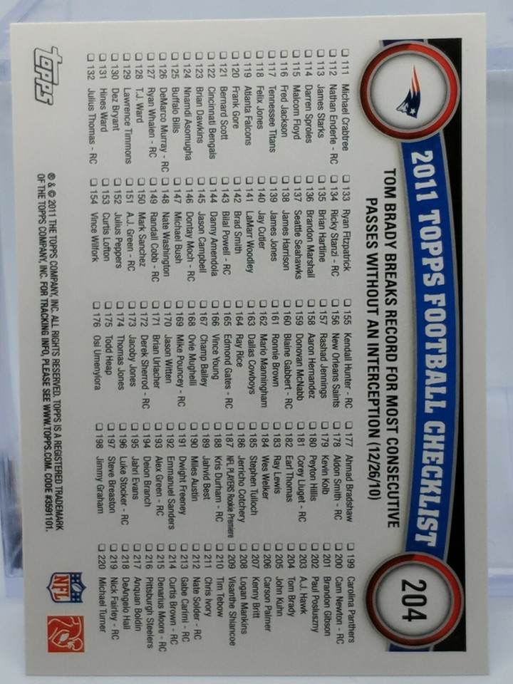 1X 11' Topps #204 Record Breaker Tom Brady Card Goat SB Champ HOF Pats ...