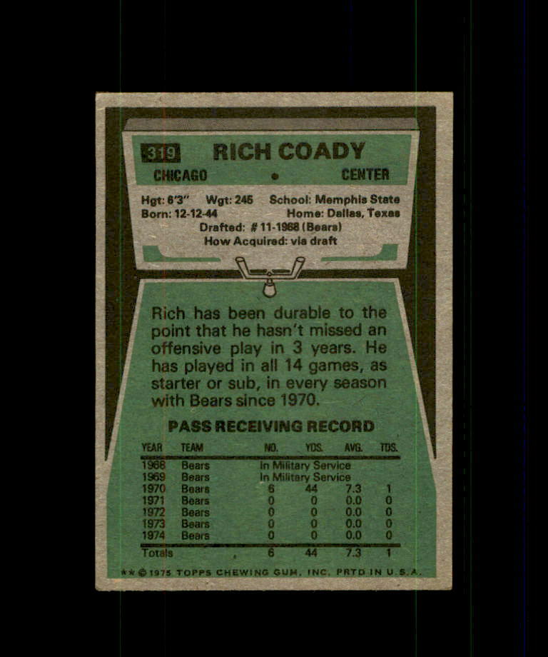 1975 TOPPS FOOTBALL CARD CHICAGO BEARS #319 RICH COADY | eBay