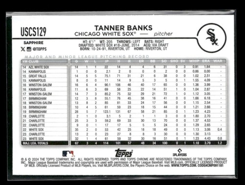 2024 Topps Chrome Update Sapphire #USCS129 Tanner Banks White Sox | eBay
