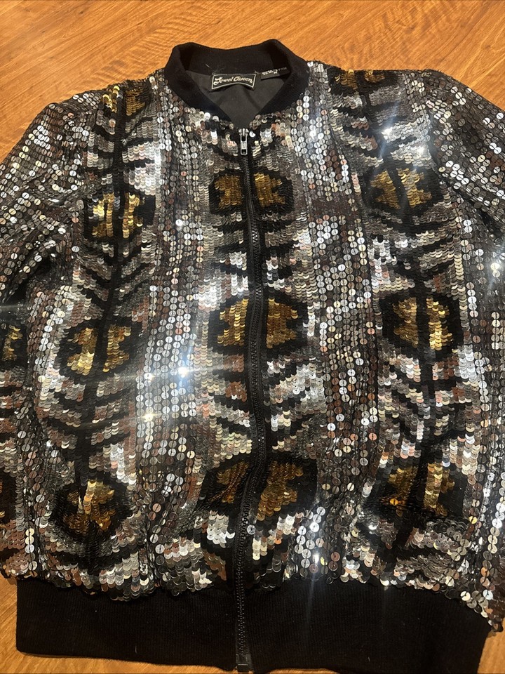 Vintage Sequin Jacket Jewel Queen Medium Silk Silver Gold Zip 70’s ...