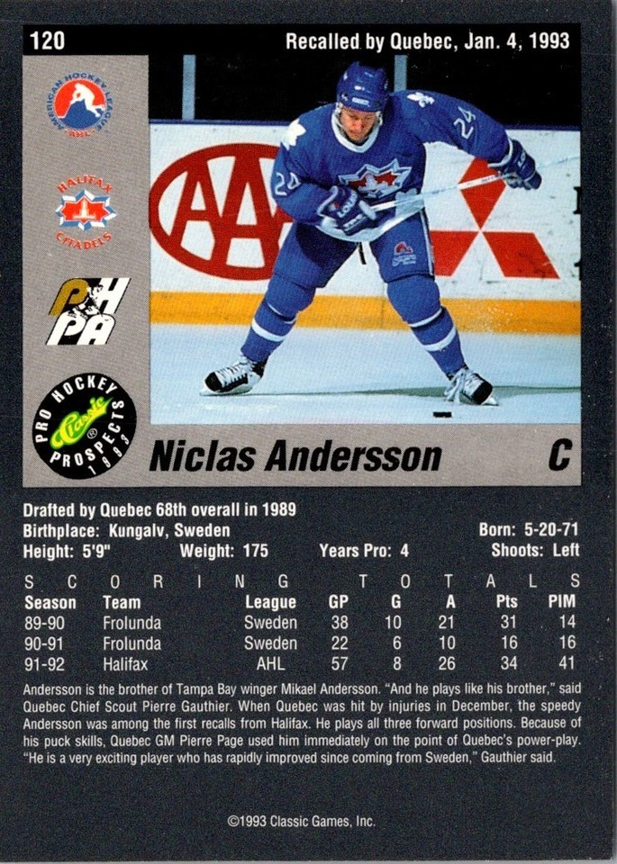 1993 Classic Pro Prospects Niklas Andersson #120 Halifax Citadels ...