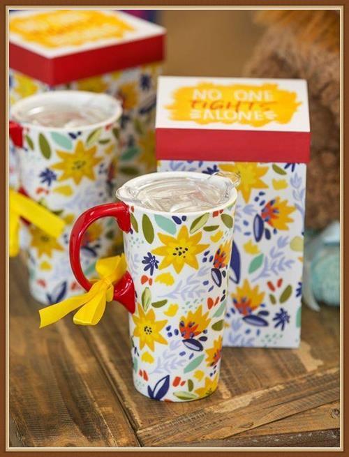 EVERGREEN TRAVEL MUG * NO ONE FIGHTS ALONE * PERFECT CUP - MATCHING BOX ...