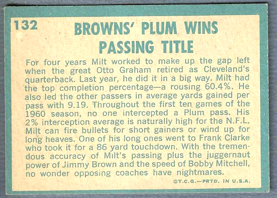 Milt Plum Wins Passing Title 1961 Topps Cleveland Browns Highlight Card ...