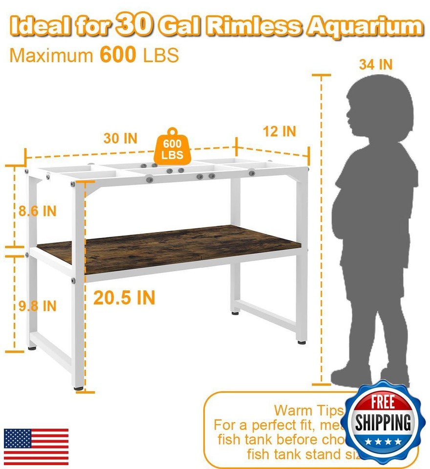Mondazie 30 Gallon Rimless Fish Tank Stand with Shelf for Storage, 2 ...