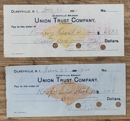 1900 Bank Check Rhode Island Olneyville Union Trust Company x2 Checks ...