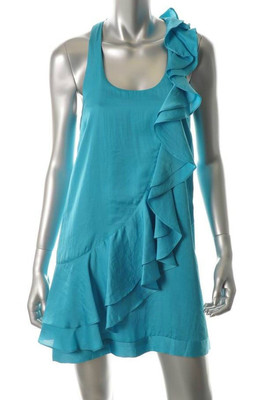 CHEQUER ~ Teal Satin Cascade Ruffled Racerback Versatile Shift Dress 12 ...