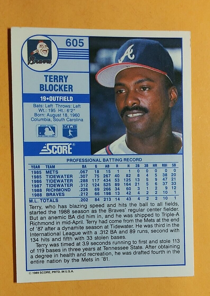 1989 SCORE Baseball Card Terry Blocker Atlanta Braves #605 | eBay