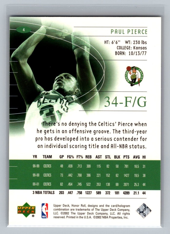 Paul Pierce 2001-02 Upper Deck Honor Roll #4 Boston Celtics C21 | eBay