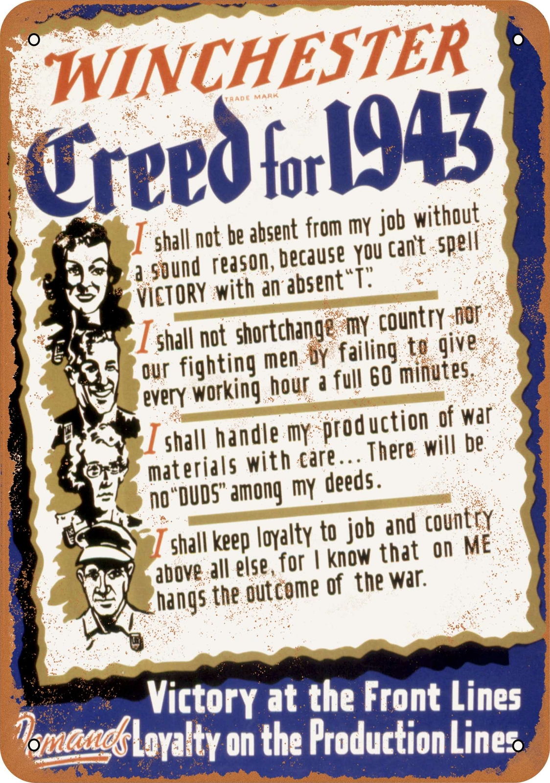 Metal Sign - 1943 Winchester War Workers' Creed - Vintage Look ...