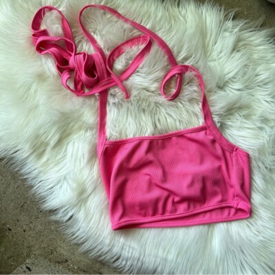 SHEIN Pink Ribbed String Wrap Around Halter Super Crop Top | eBay