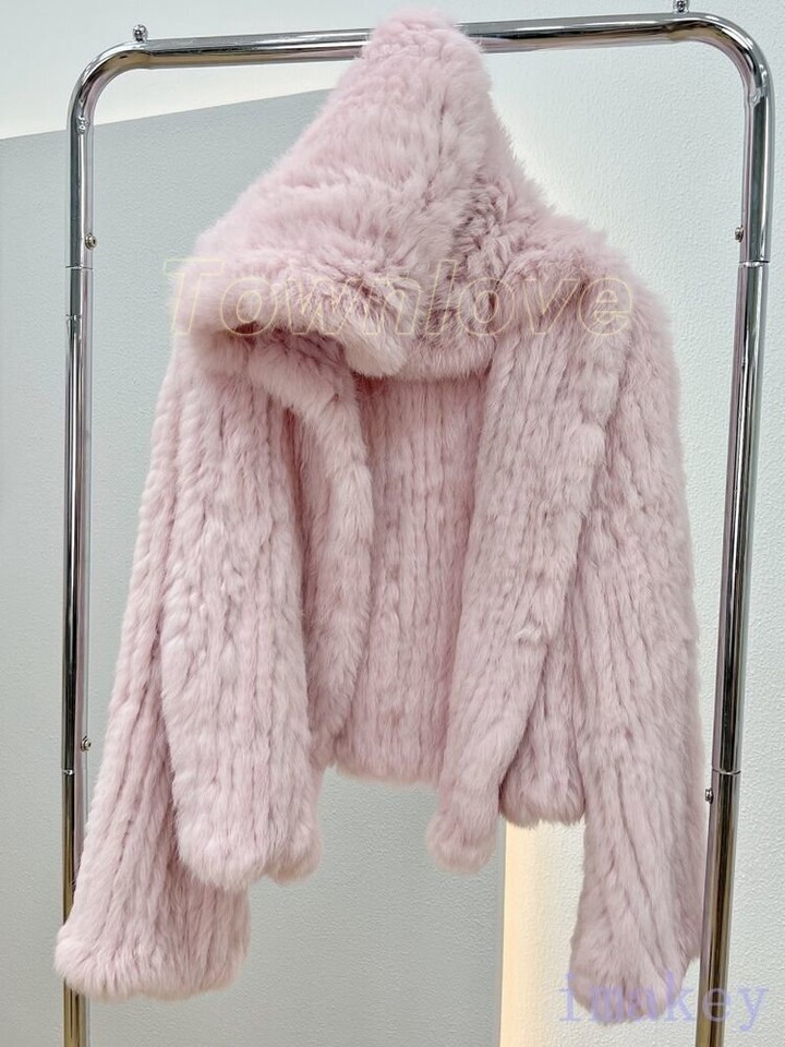 Women Knitted Real Rex Rabbit Fur Hooded Coat Short Knits Jacket Winter ...