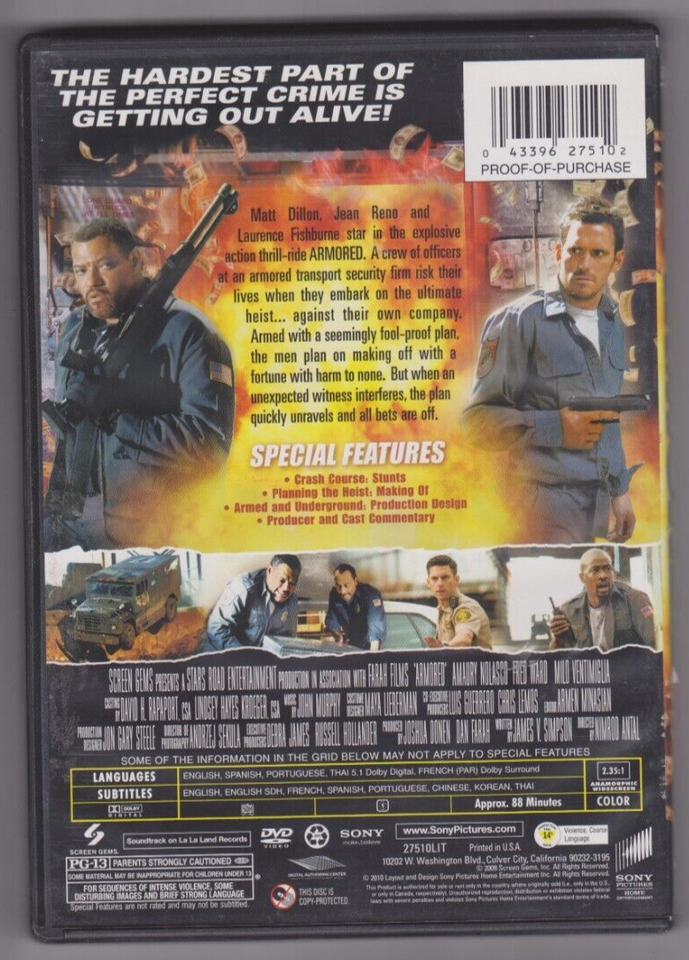 Armored (DVD, 2009) Matt Dillon. Jean Reno. Lawrence Fishburne. Action ...