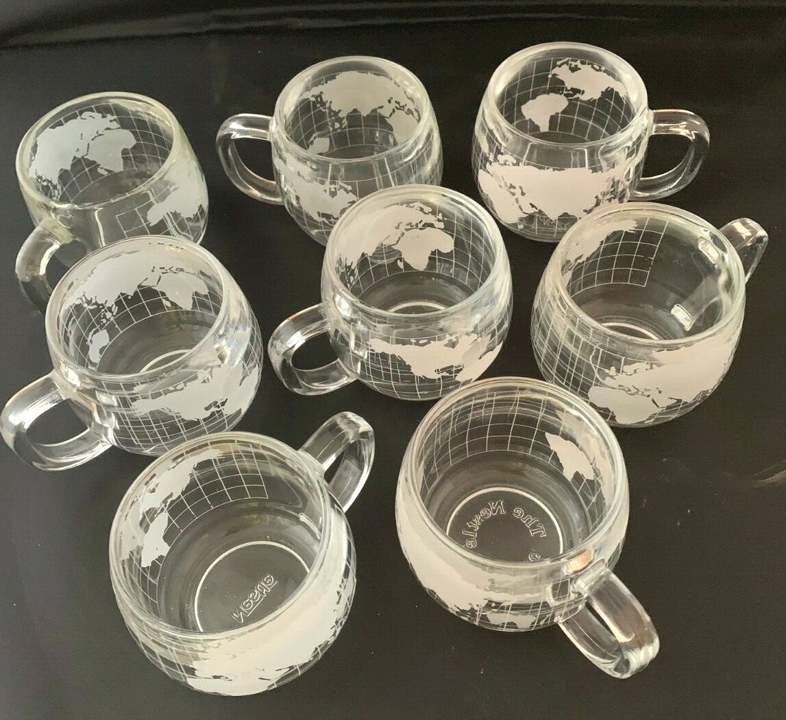 8 Nestle World Globe Etched Glass Coffee Mugs Cups Sugar Bowl w/Lid ...