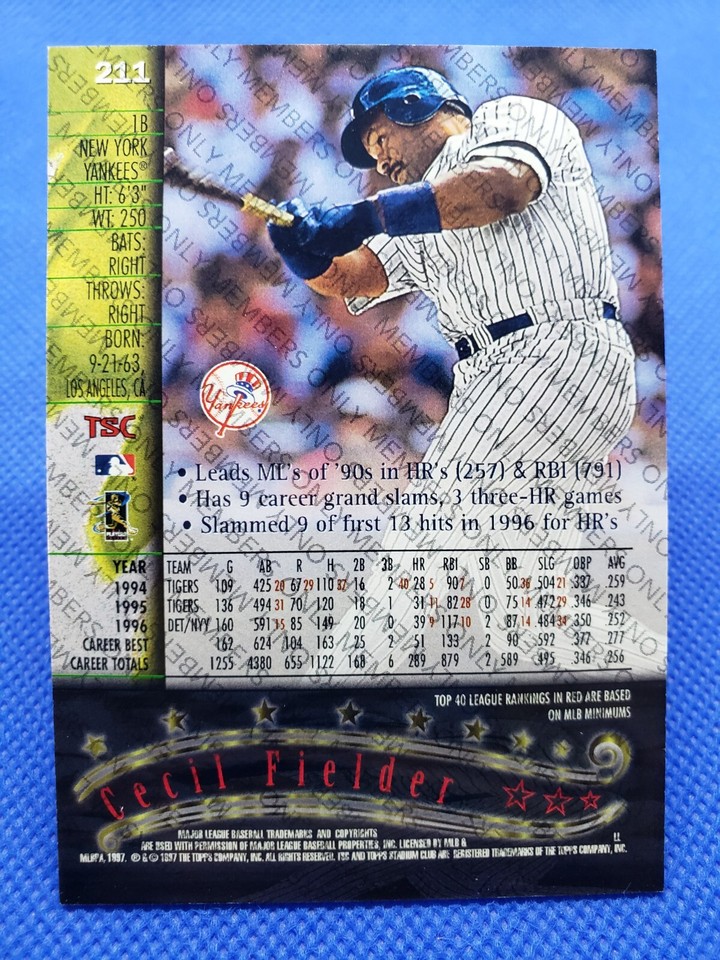 1997 Topps Stadium Club CECIL FIELDER MEMBERS ONLY card NEW YORK ...