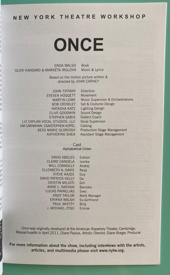 Playbill Once Off Broadway Steve Kazee David Patrick Kelly Glen Hansard ...