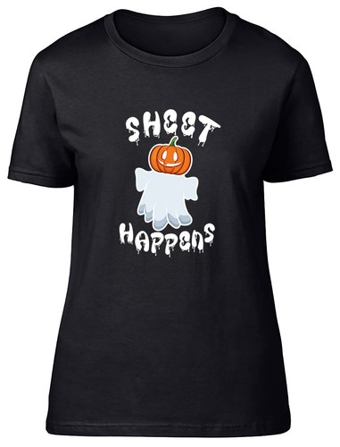 Sheet Happens Ghost Halloween Fitted Womens Ladies T Shirt Gift | eBay UK