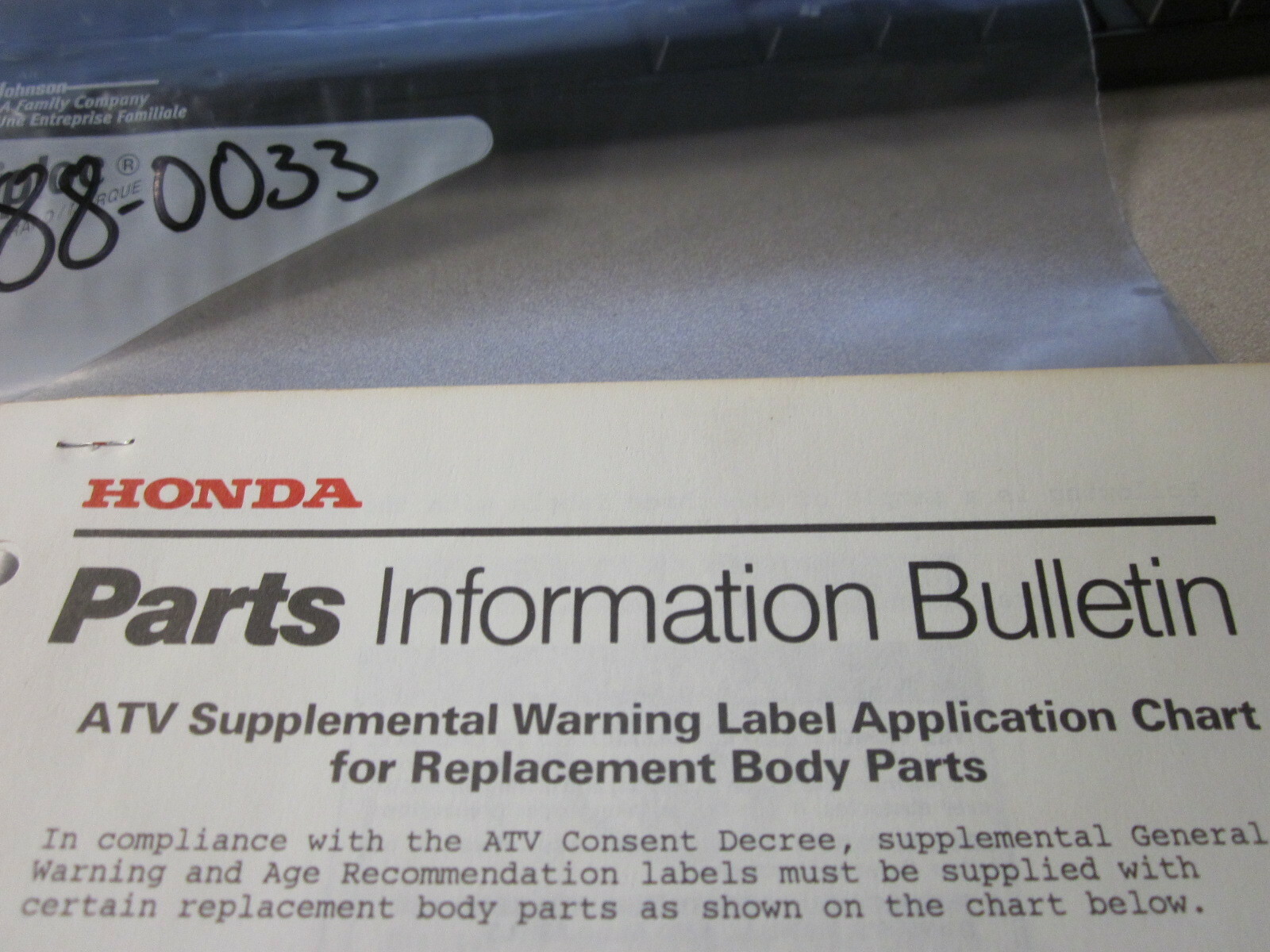Honda Parts Information Bulletin ATV Warning Labels Chart 88-0033 | eBay