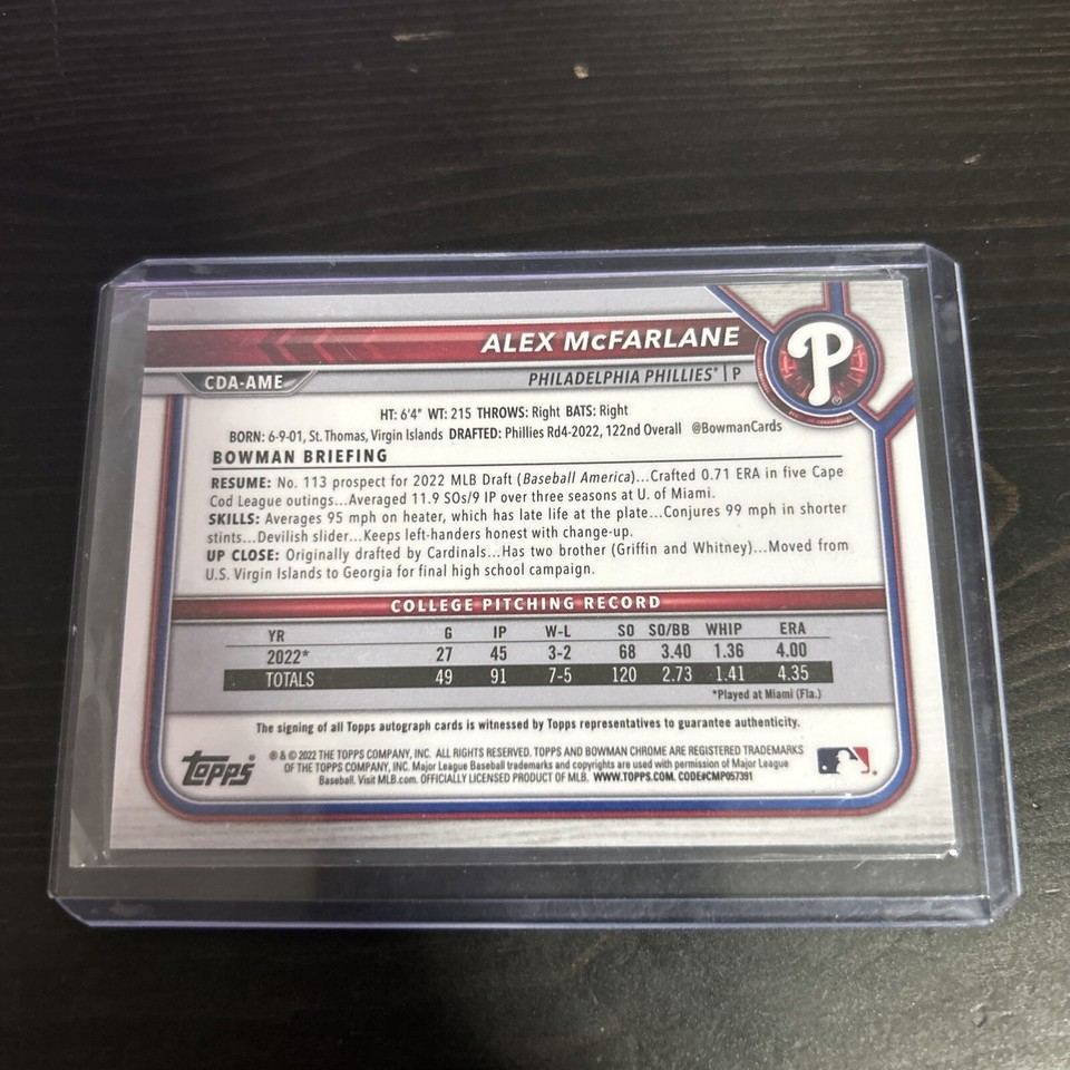 2022 Bowman Chrome Draft Alex McFarlane 1st Prospect Auto Autograph # ...