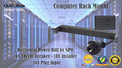 Horizontal Power Rail 6x GPO 10A Therm Breaker - 1RU Installer 10A Plug ...