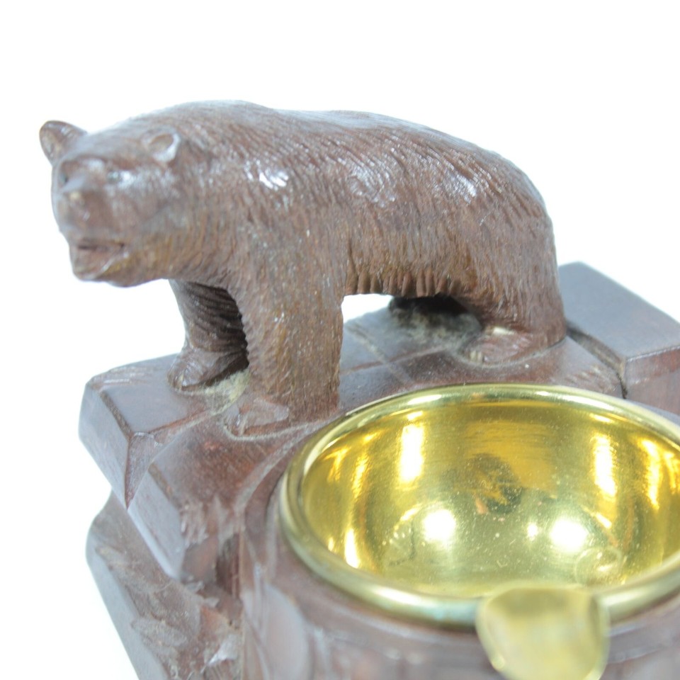 Antique Black Forest bear carved wood figure stand ashtray vesta holder ...
