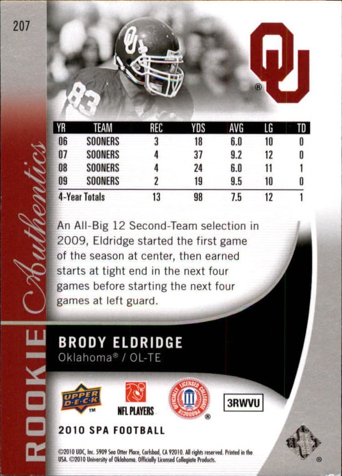 B2917- 2010 SP Authentic #207 Brody Eldridge RC /999 Muster Pic | eBay