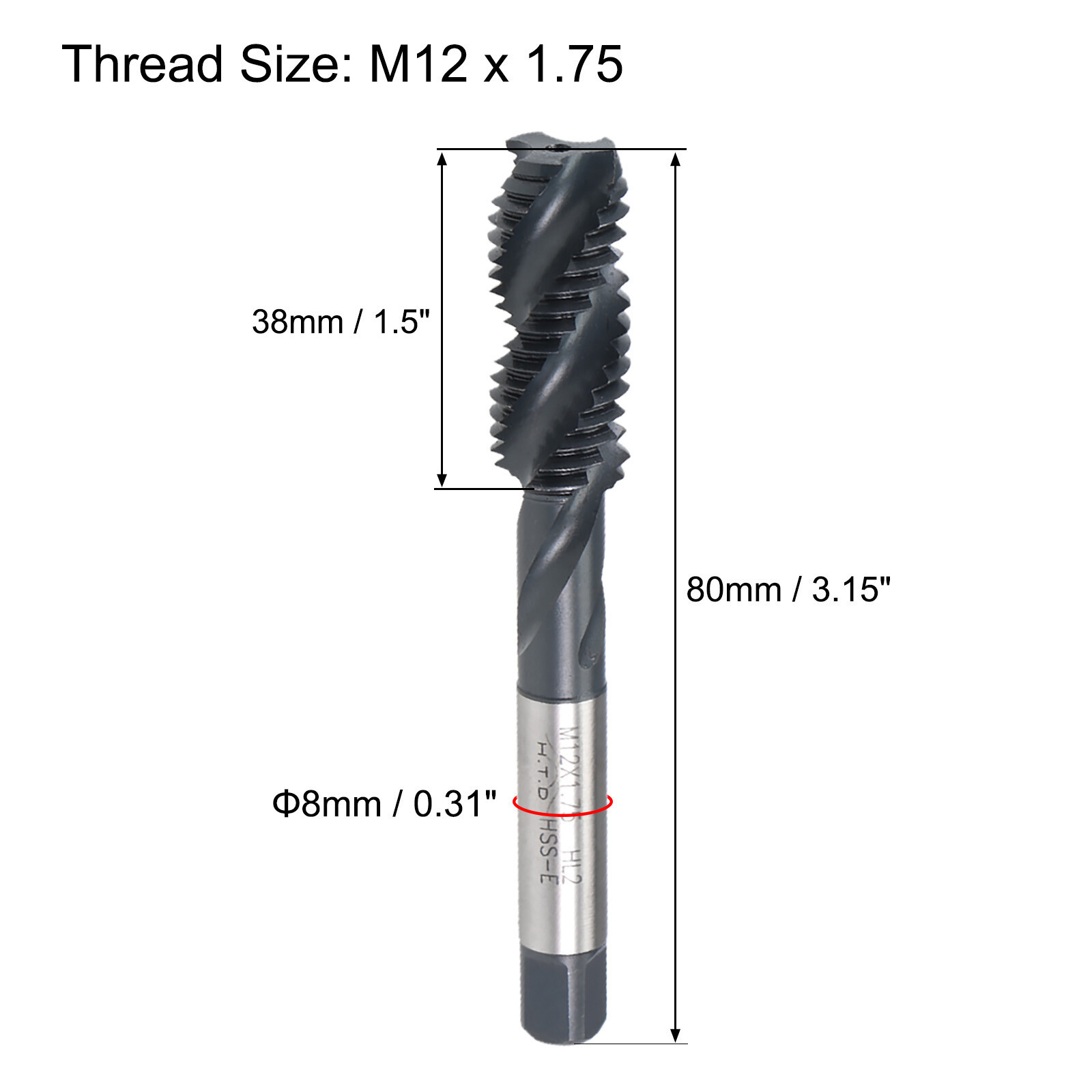 M12 x 1.75 Spiral Flute Tap Metric Machine Thread Tap HSS Nitriding ...