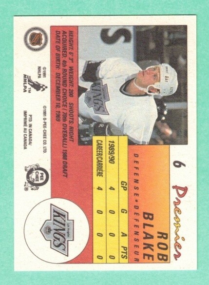 (1) ROB BLAKE 1990-91 OPC PREMIER # 6 KINGS ROOKIE NM-MT CARD (K1308 ...