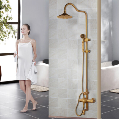 Luxury Carving Flower Shower Head 3-Way Mixer Valve Antique Brass ...